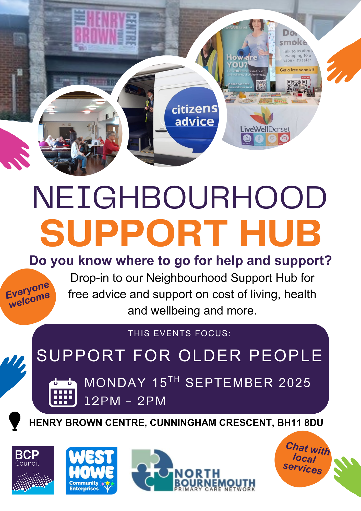 Neighbourhood Support Hub: Monday 15th September 12pm-2pm – North Bournemouth Primary Healthcare